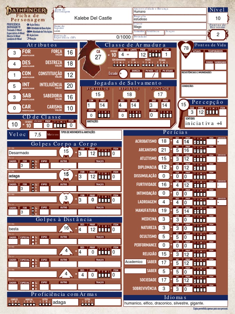 Ficha de Personagem Pathfinder | PDF
