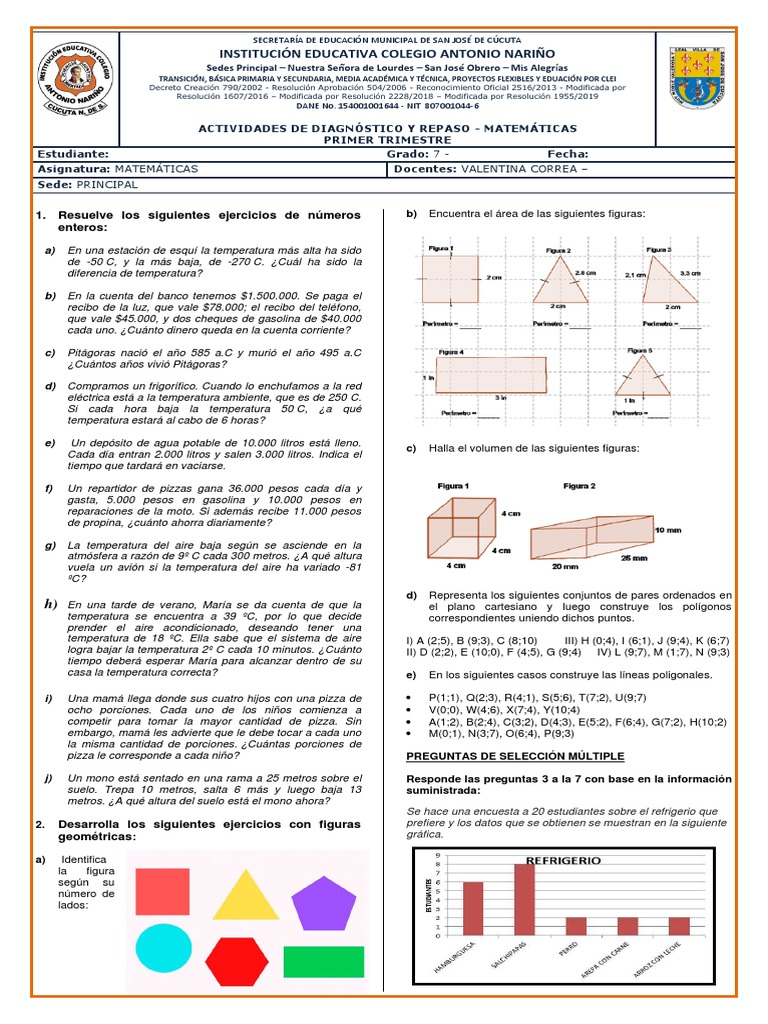 2) Actividades Diagnósticas MATEMÁTICAS (Grado Séptimo) | PDF