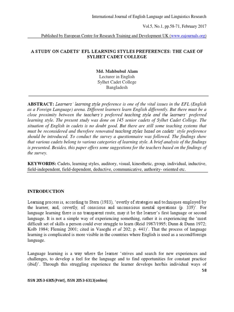 A Study On Cadets' EFL Learning Styles Preferences The Case of Sylhet Cadet College | PDF ...