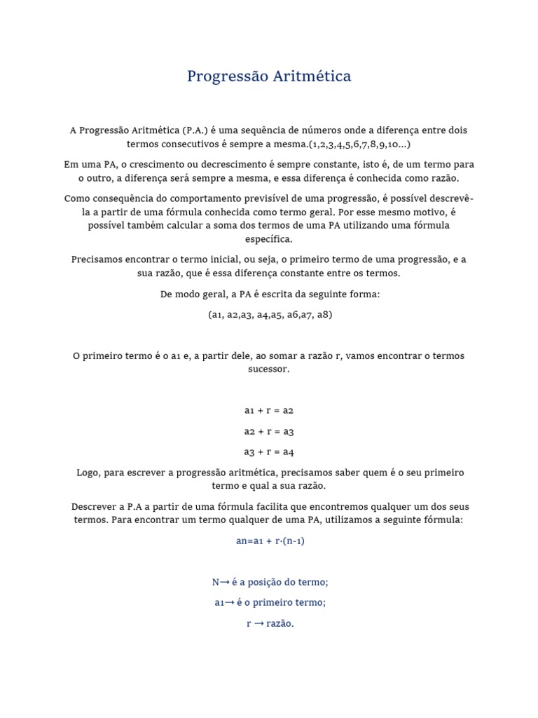 Progressão Aritmética: Conceitos Fundamentais e Fórmulas | PDF ...