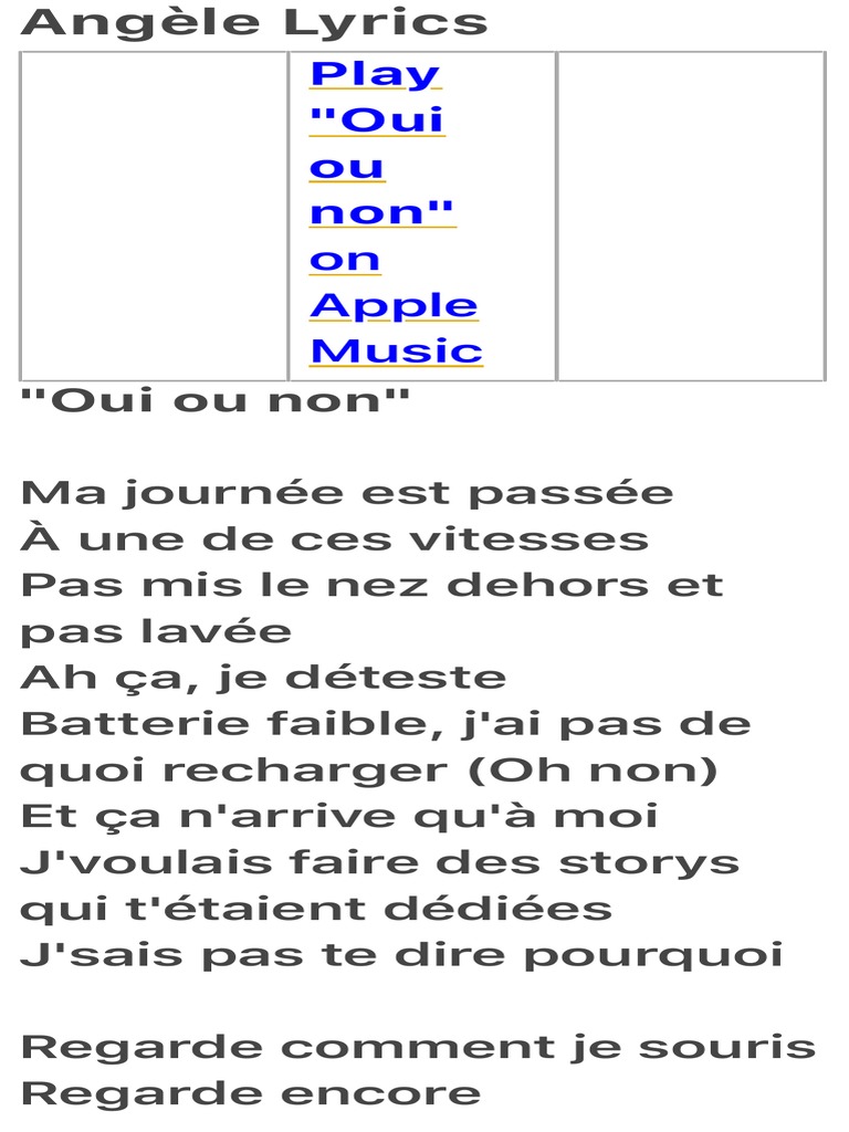 Paroles de "Oui ou non" d'Angèle | PDF