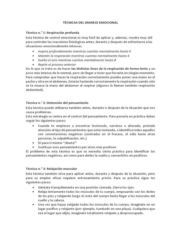 Técnicas Del Manejo Emocional | PDF | Las emociones | Pensamiento