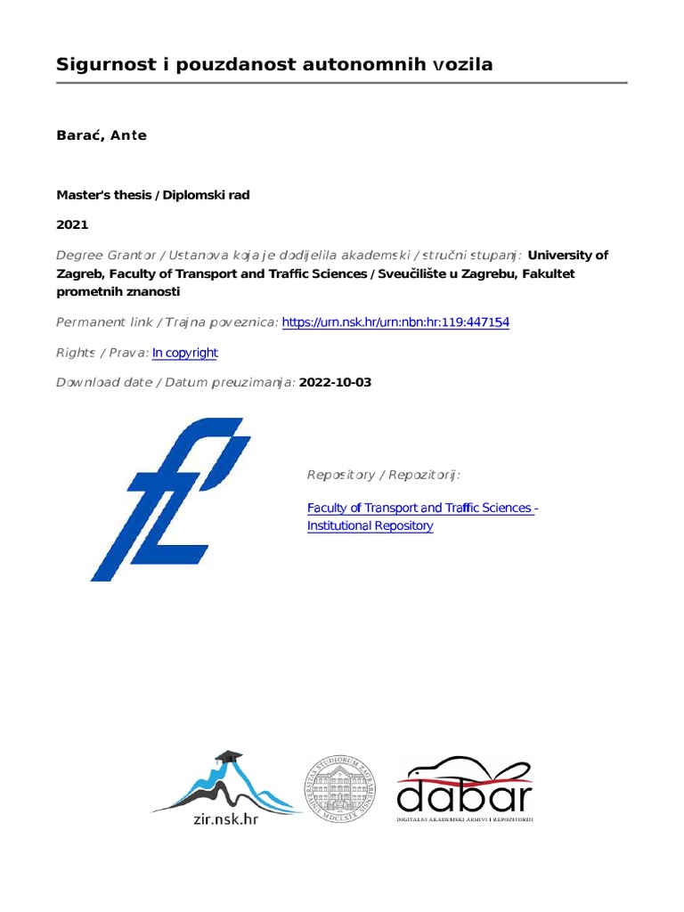Sigurnost I Pouzdanost Autonomnih Vozila: Barać, Ante | PDF