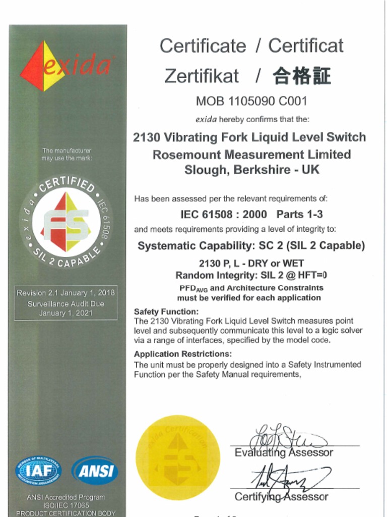 Certificate Rosemount 2130 Level Switch Sil En 77430 Cea 230 2020 Pdf