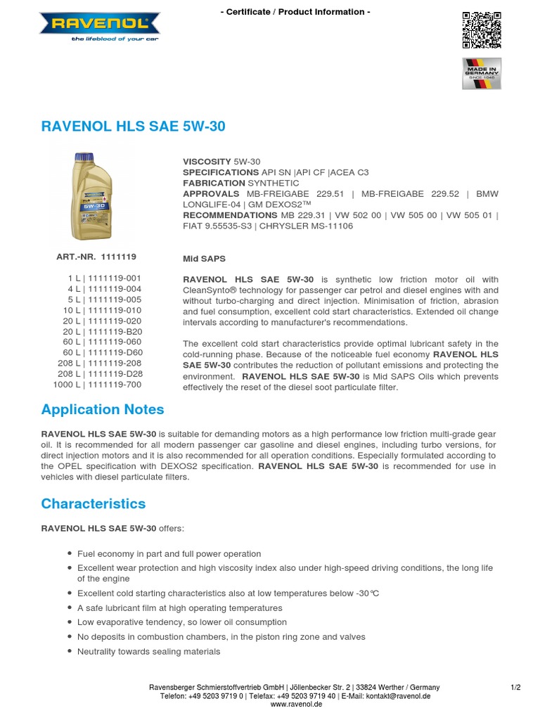 Ravenol Hls Sae 5W-30 | PDF | Motor Oil | Engine Technology