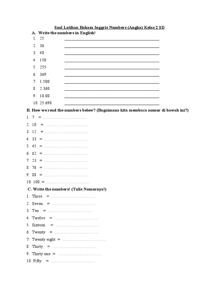 Soal Latihan Numbers Kelas 2 SD | PDF