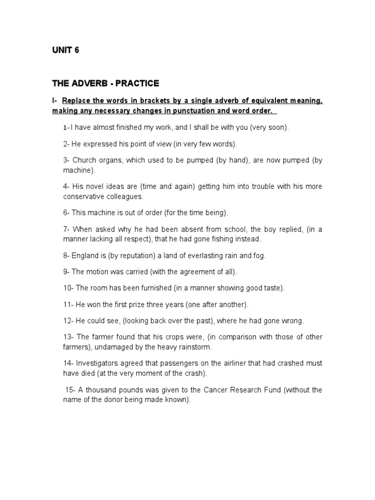 Adverb Practice Worksheets for Unit 6 | PDF | Adverb | Syntax
