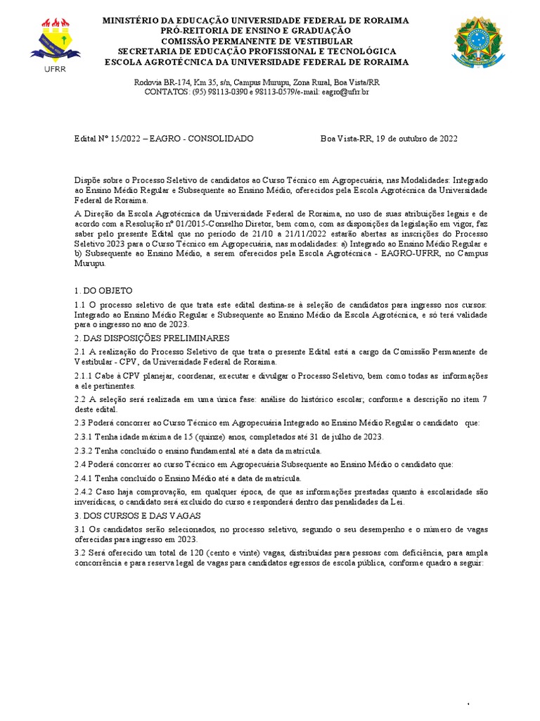 Edital N. 15-22 - CONSOLIDADO EAGRO 2023 | PDF | Ensino médio