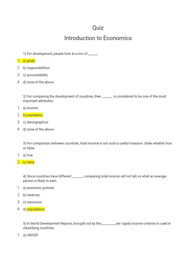 Economics Quiz: Development and Indicators | PDF | Body Mass Index ...