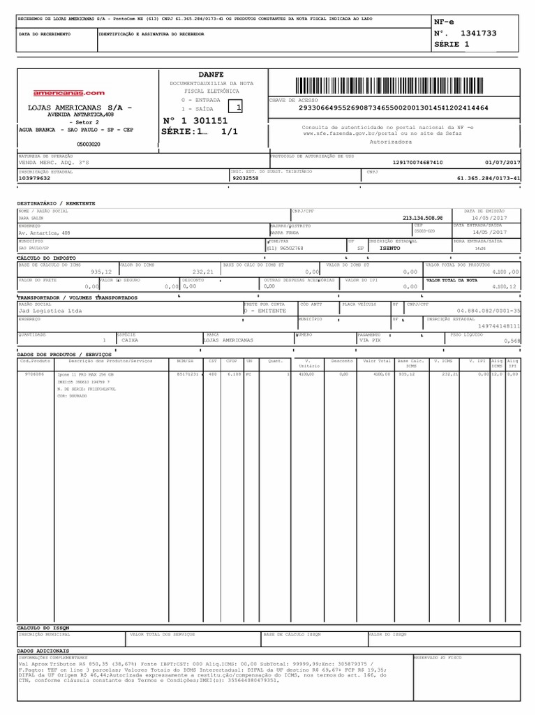 Nota Fiscal, Lojas.a Dara Salin | PDF