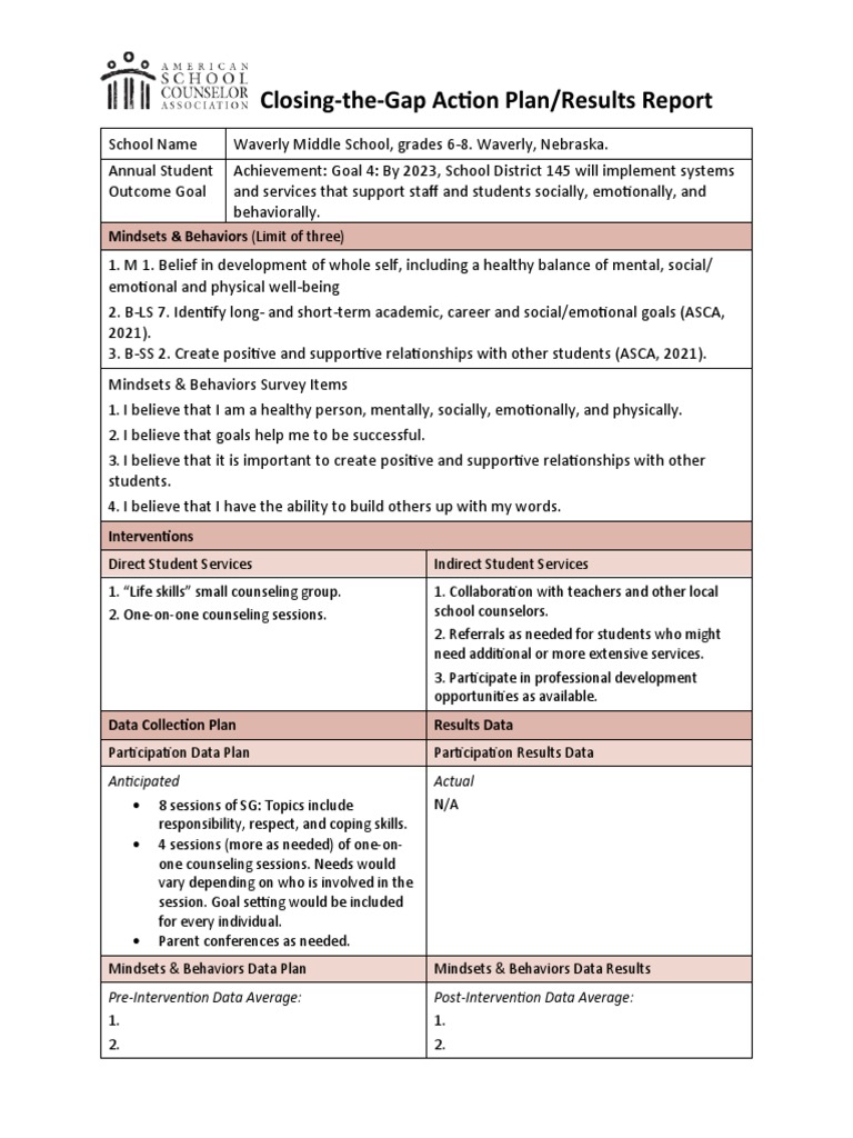 CTG Action Plan and Results Report | PDF | School Counselor | Goal