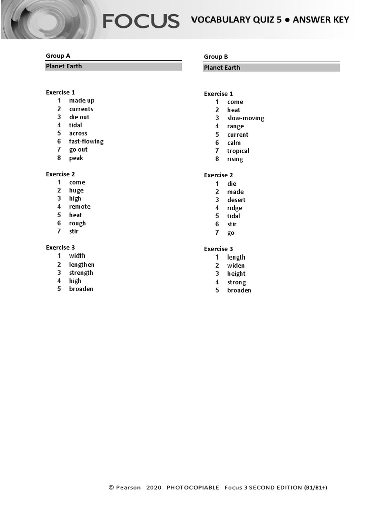 Focus3 2E Vocabulary Quiz Unit5 GroupA B ANSWERS | PDF