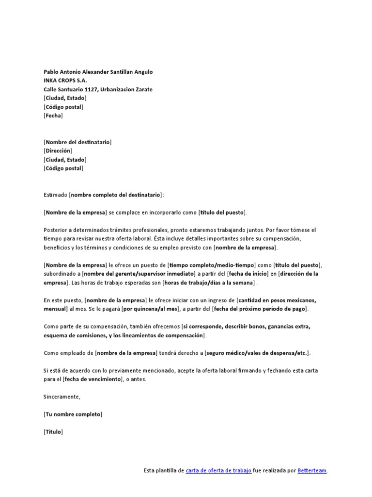 Plantilla Carta de Oferta de Trabajo Descarga 20220907 | PDF Plantilla Carta de Oferta de Trabajo Descarga 20220907 | PDF