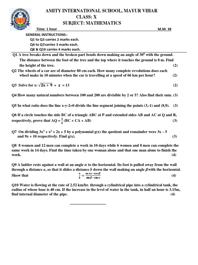 Class X Math Exam Paper | PDF | Geometry | Elementary Geometry