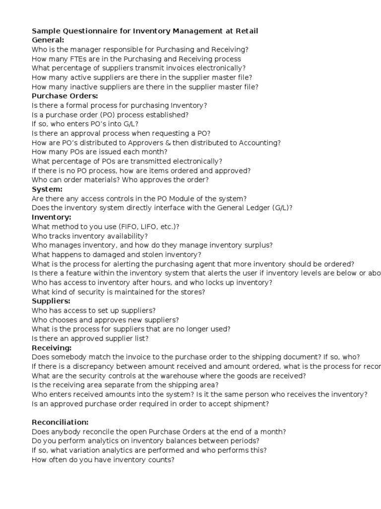Inventory Management Questionnaire Sample | PDF | Inventory | Bookkeeping