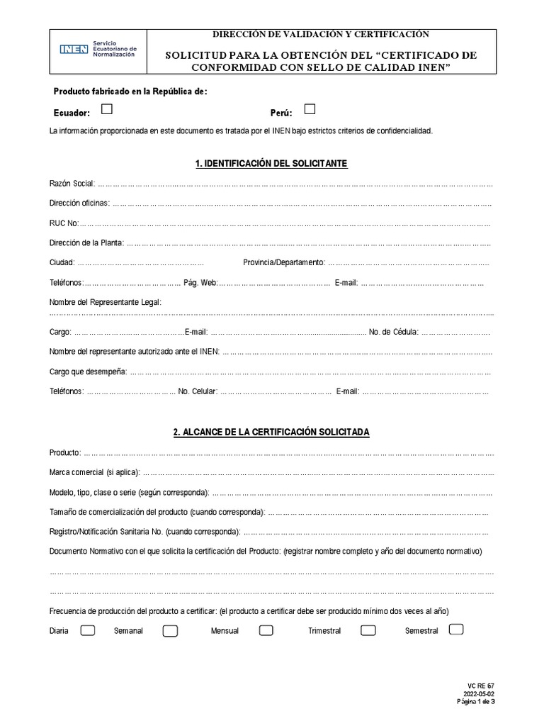 Solicitud Sello de Calidad Inen-1 | PDF | Calidad (comercial)