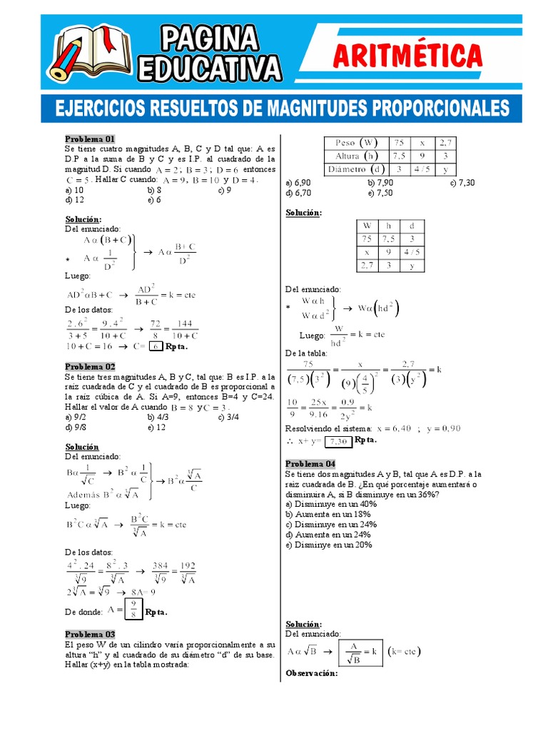 Ejercicios Resueltos de Magnitudes Proporcionales Pagina Educativa | PDF | Matemática Elemental ...