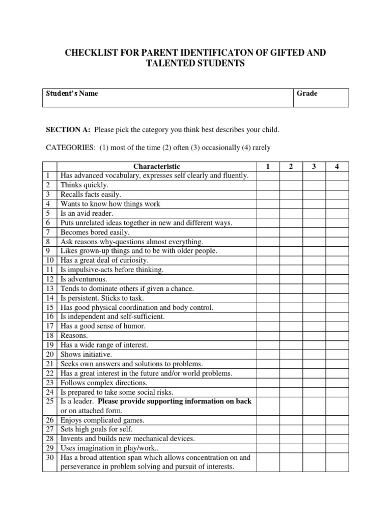Checklist For Parent Identification PDF | PDF | Reason | Behavioural ...