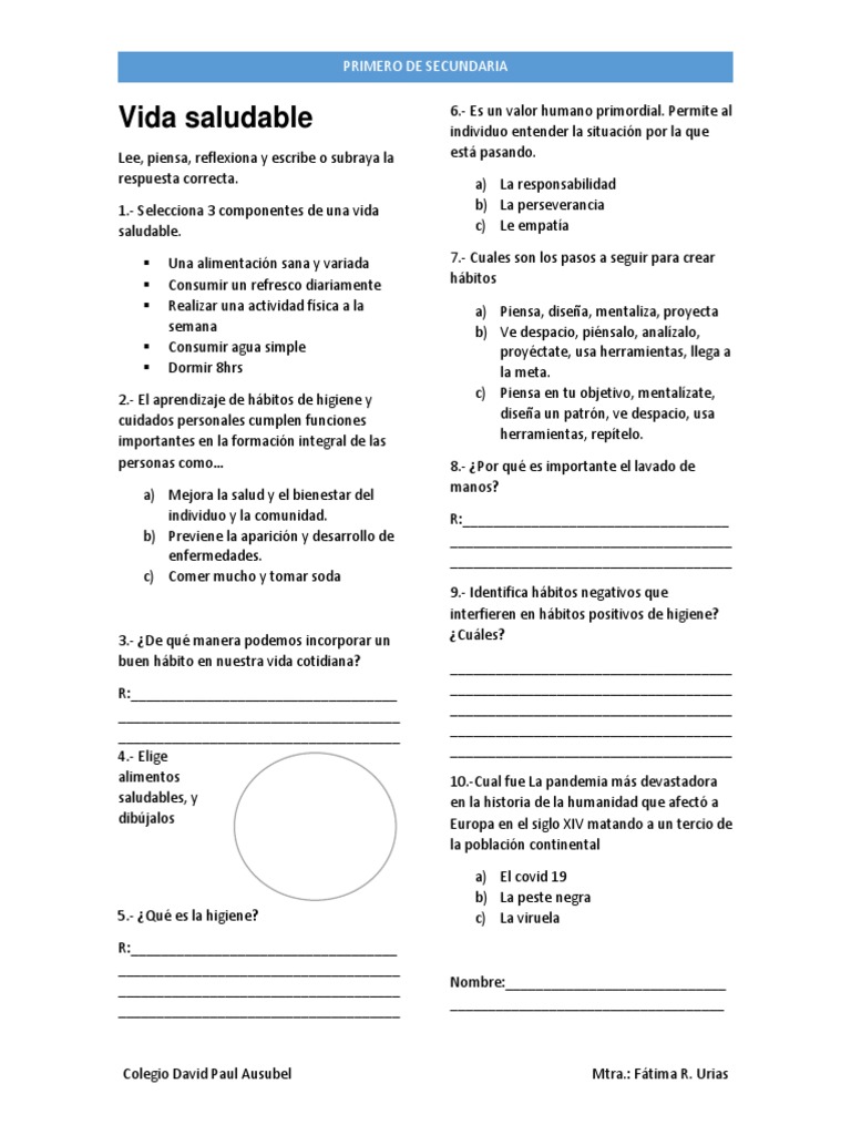 Vida Saludable Noviembre 1RO - 062717 | PDF | Higiene | Ciencias de la ...