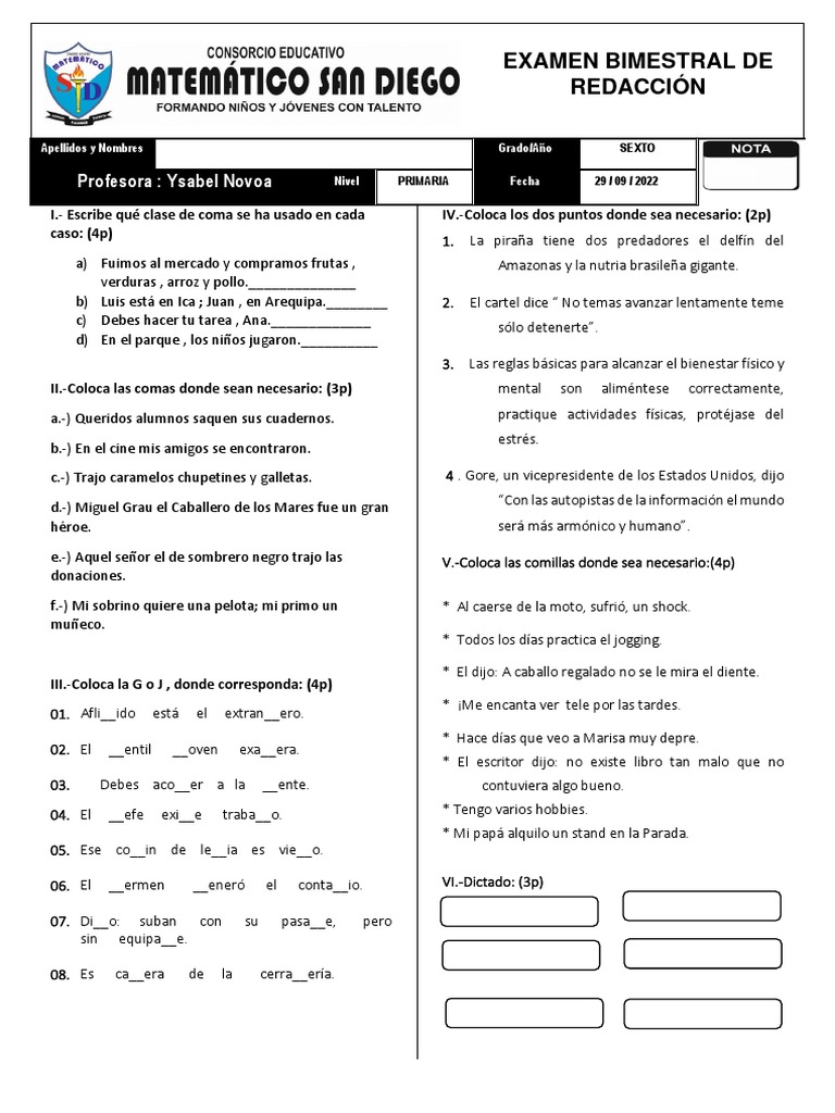EXAMEN BIMESTRAL DE Redaccion | PDF