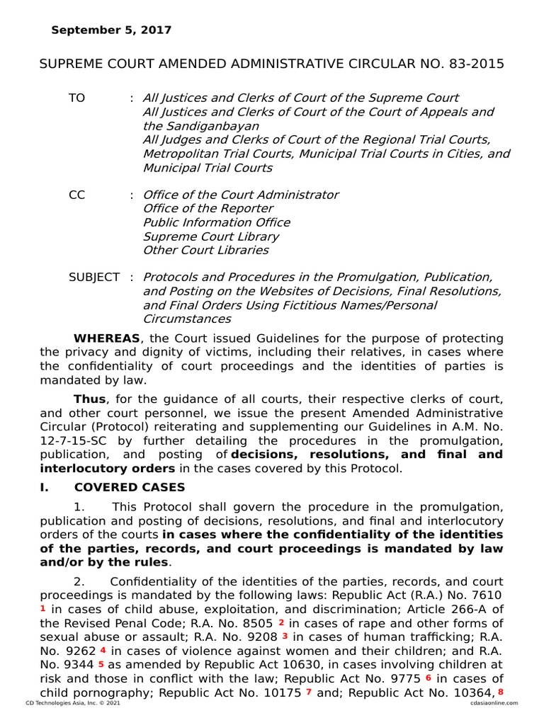SC Amended Circular No. 83-2015 - Protocols in Promulgation ...