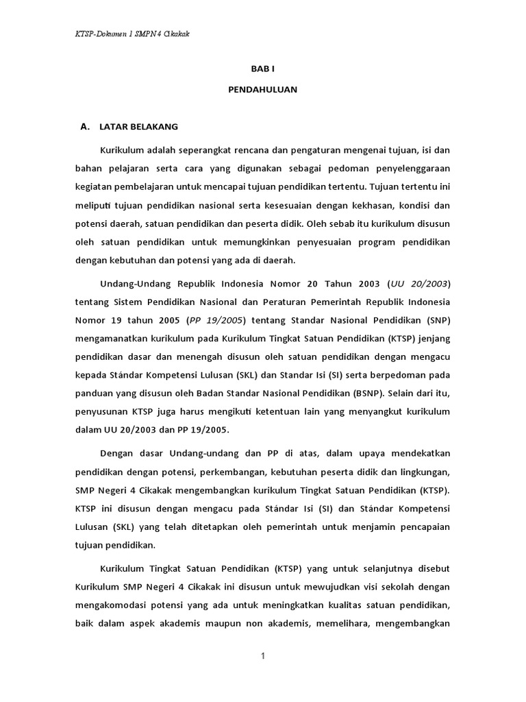 Bab I Pendahuluan Latar Belakang: KTSP-Dokumen 1 SMPN 4 Cikakak | PDF | Karier & Perkembangan