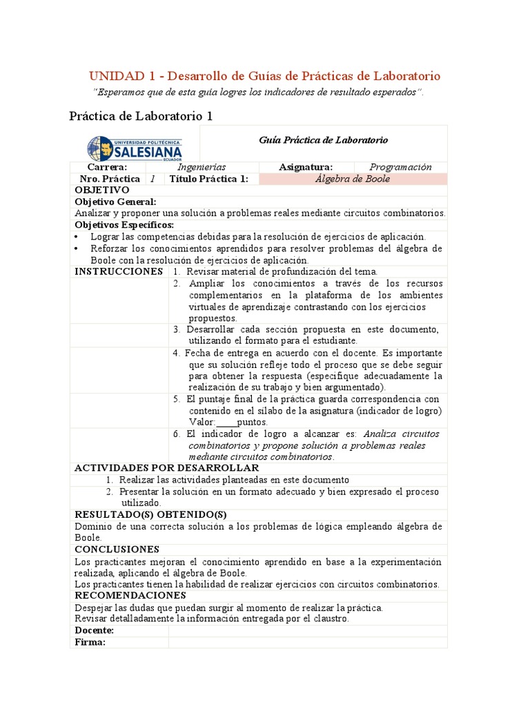 Guia 1 Pedro Rafael Coello Yunga | PDF | Puerta lógica | Álgebra de Boole
