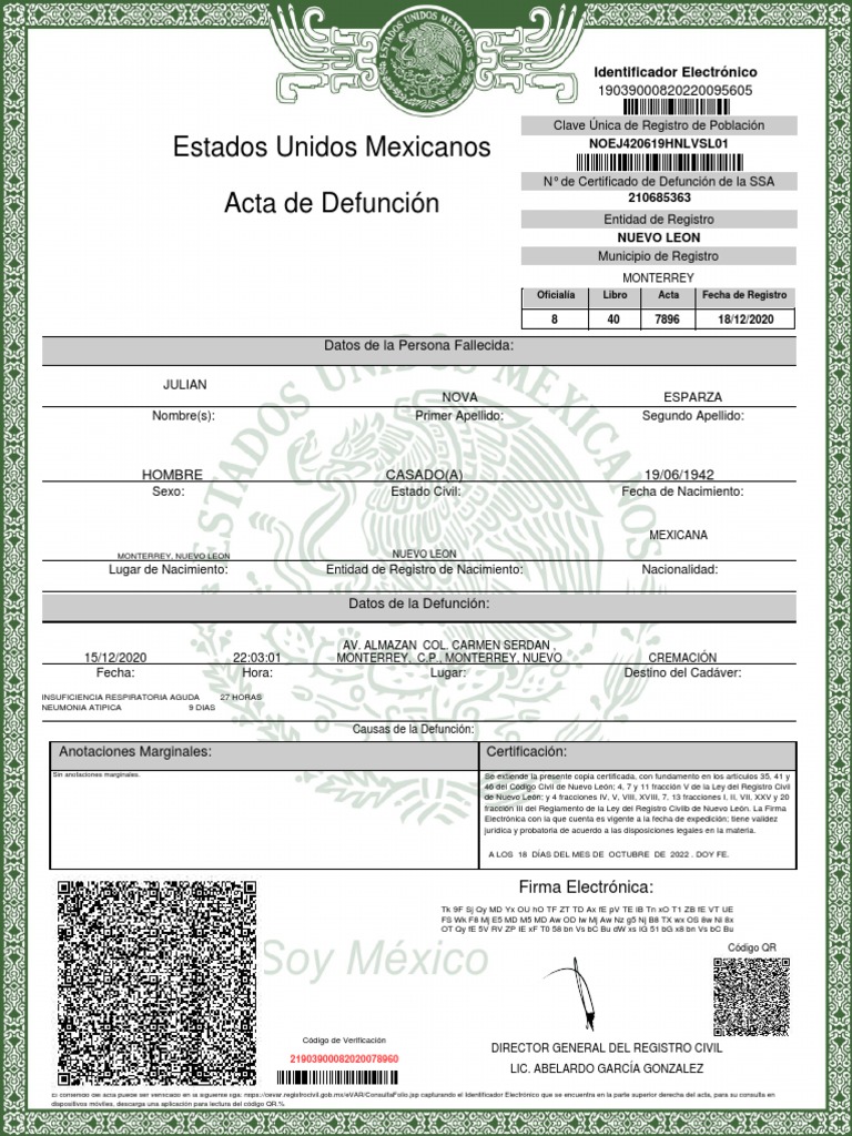 Estados Unidos Mexicanos Acta de Defunción: Identificador Electrónico | PDF | Derechos y ...