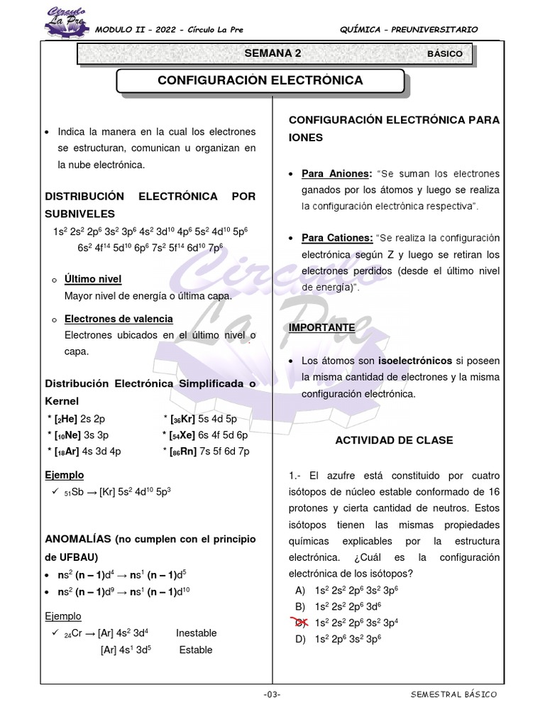 Separata 02-Semestral Basico Ii - 2022 - Quimica (Configuracion Electronica) | PDF ...