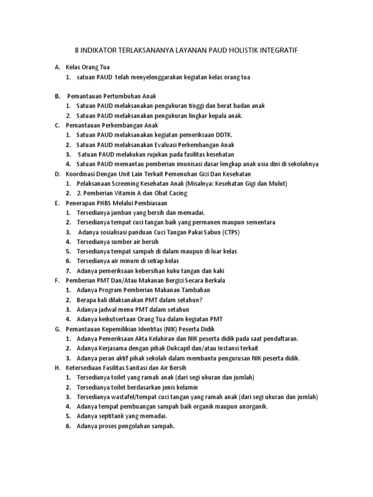 8 Indikator Terlaksananya Layanan Paud Holistik Integratif | PDF