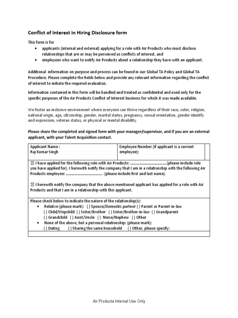 Conflict of Interest in Hiring Disclosure Form. | PDF | Conflict Of ...