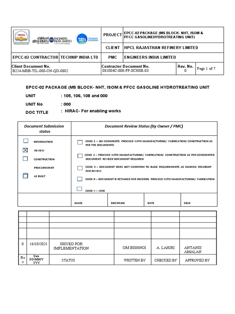 HIRAC for Refinery Enabling Works | PDF | Truck | Personal Protective ...