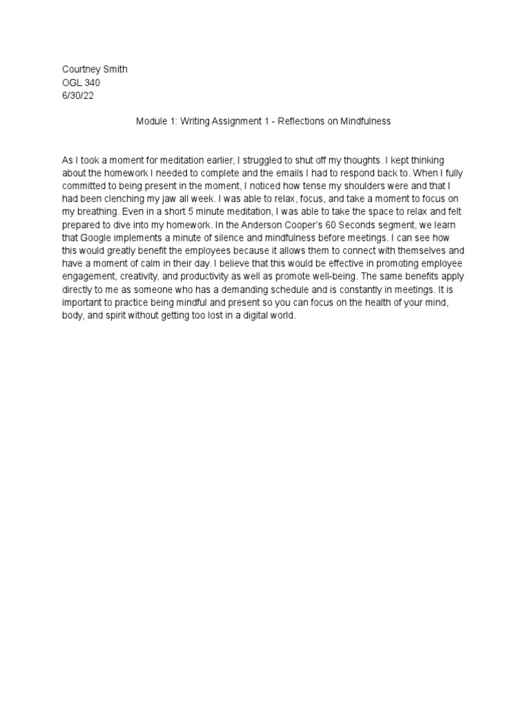 Module 1 Writing Assignment 1 - Reflections On Mindfulness 1 | PDF