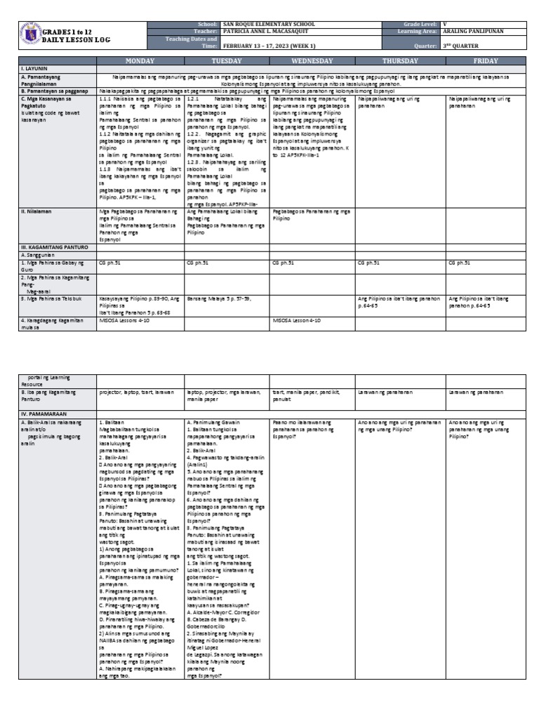 DLL - Araling Panlipunan 5 - Q3 - W1 | PDF