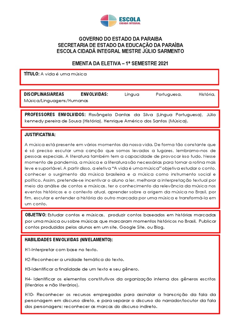 Ementa Da Eletiva - A Vida É Uma Música | PDF | Contos | Blog
