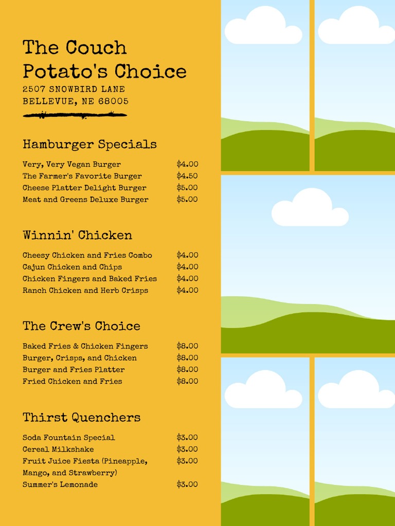 Couch Potato Menu Specials | PDF | Sports & Recreation | Cooking, Food ...