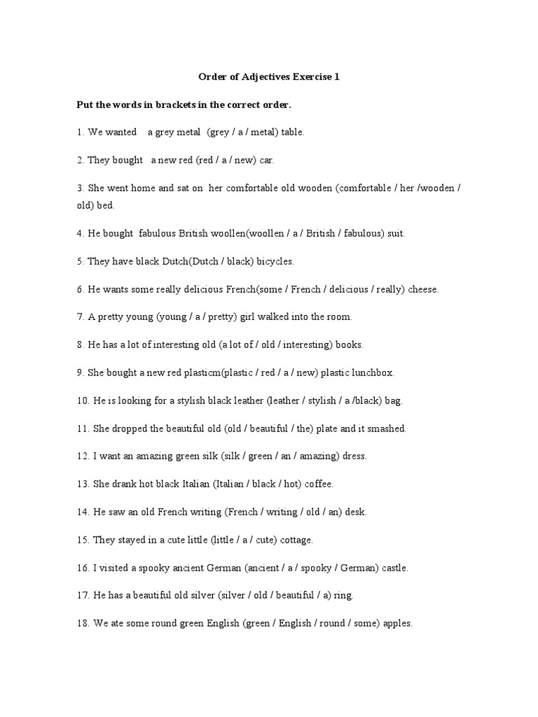 Order of Adjectives Exercise 1 | PDF