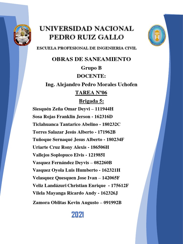 Tarea N°6 - Brigada 5. Obras de Saneamiento | Descargar gratis PDF | Alcantarillado | Ingeniero ...
