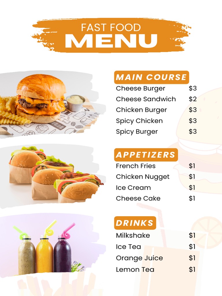 Orange White Bright Fast Food Menu | PDF