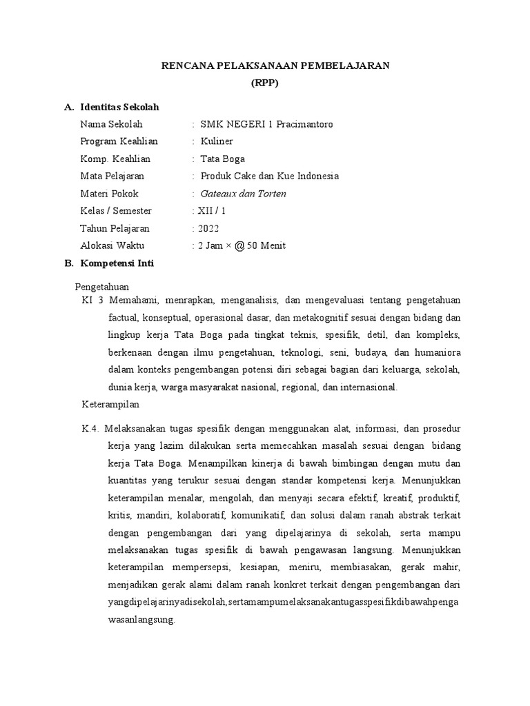 RPP XII Tata Boga: Gateaux & Torten | PDF | Karier & Perkembangan