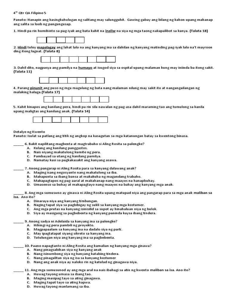 2019-2020 4th QTR QA Filipino 5 | PDF