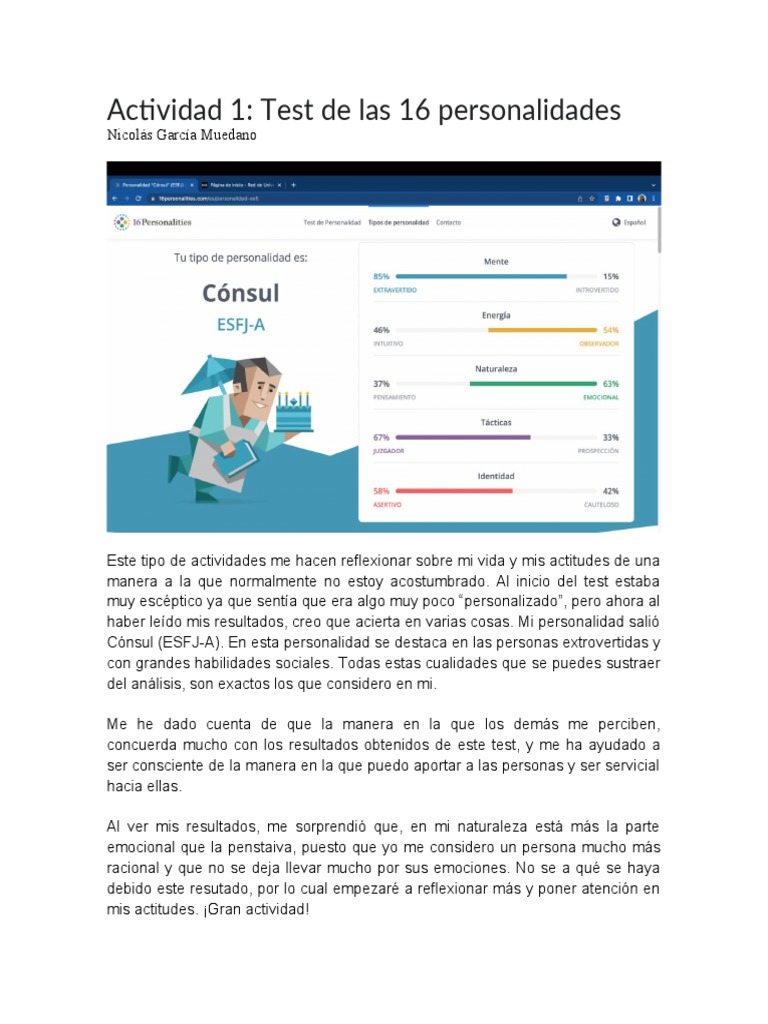 Actividad 1 - Test de Las 16 Personalidades | PDF