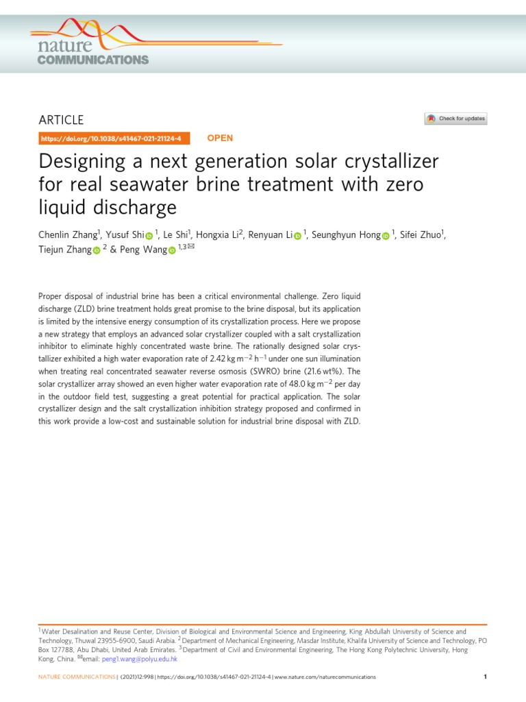 Designing A Next Generation Solar Crystallizer For Real Seawater Brine ...