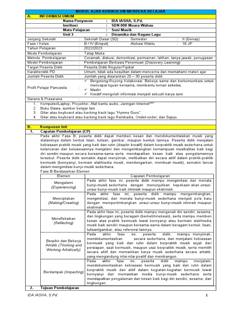 RPP Seni Musik KLS Iv SMS 2 | PDF | Seni & Disiplin Bahasa | Seni