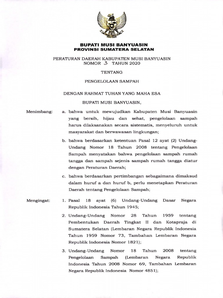 Perda Muba Nomor 3 Tahun 2020 - Pengelolaan Sampah | PDF