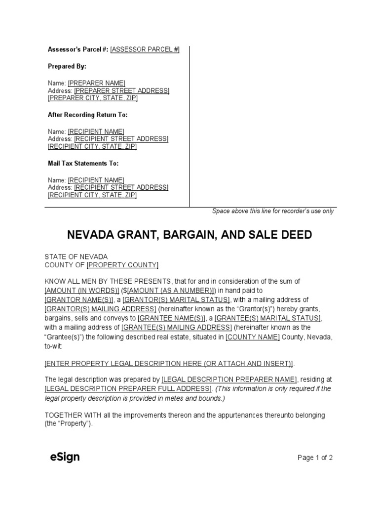 Nevada Grant Bargain and Sale Deed Form | PDF | Deed | Land Lot