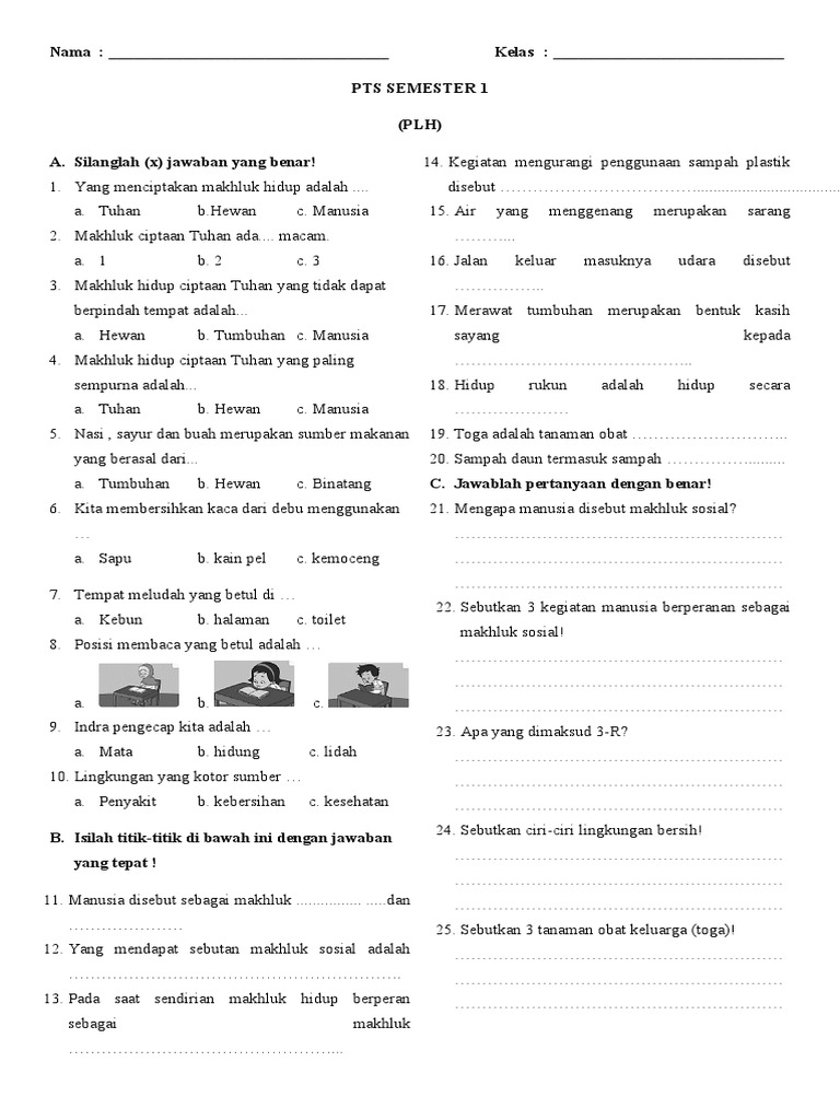 Soal PTS PLH Kelas 1 Semester 1 | PDF