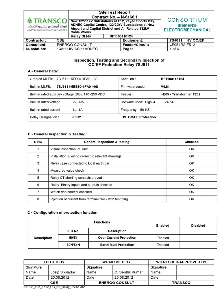 N6166 - E05 - F512 - OC - EF - Relay - 7SJ61 Site Test Report | PDF ...
