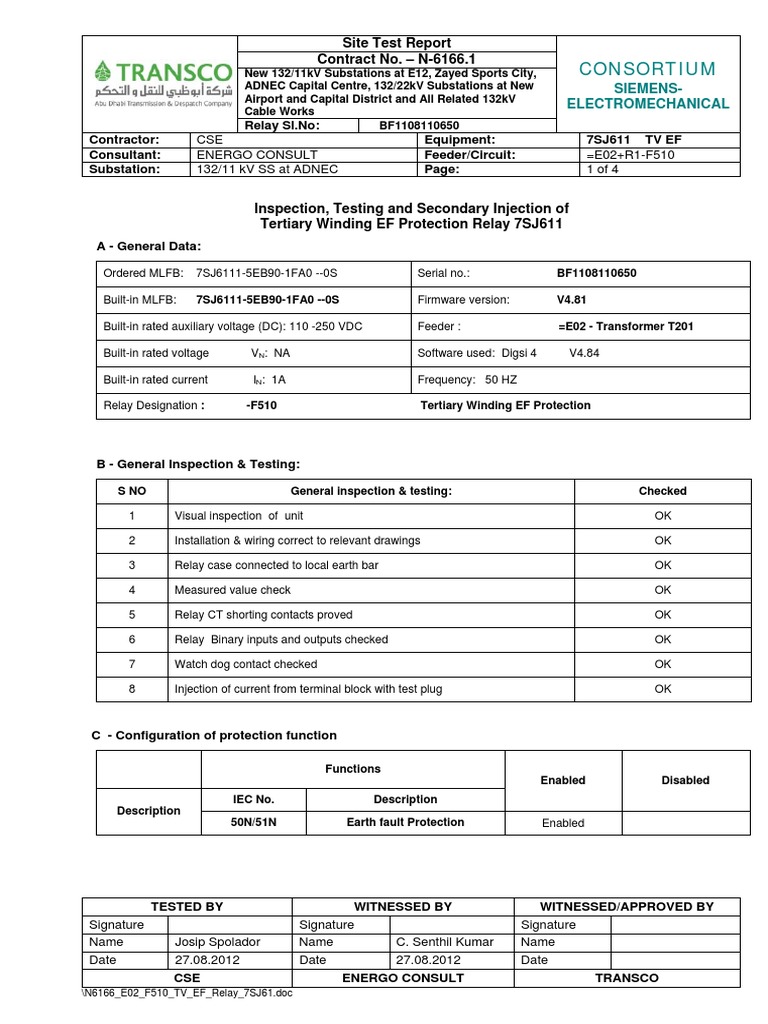 N6166 - E02 - F510 - TV - EF - Relay - 7SJ61 Site Test Report | PDF ...