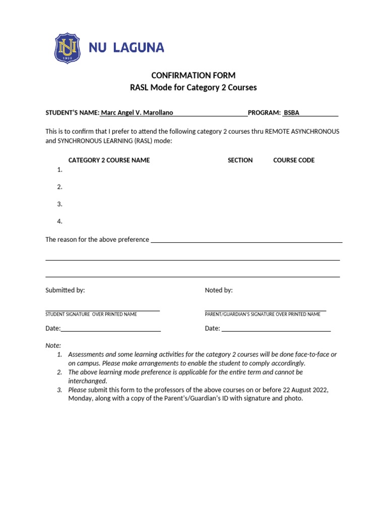 Confirmation. RASL. Category 2 | PDF